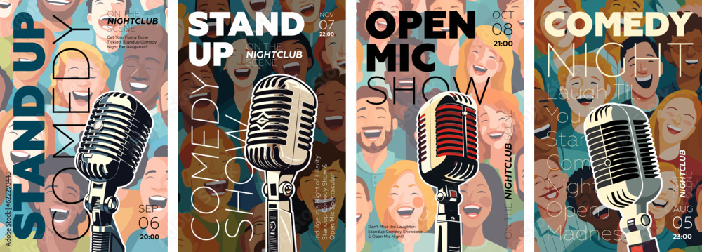 Stand up comedy show poster set. Open mic night funny event flyer or ...