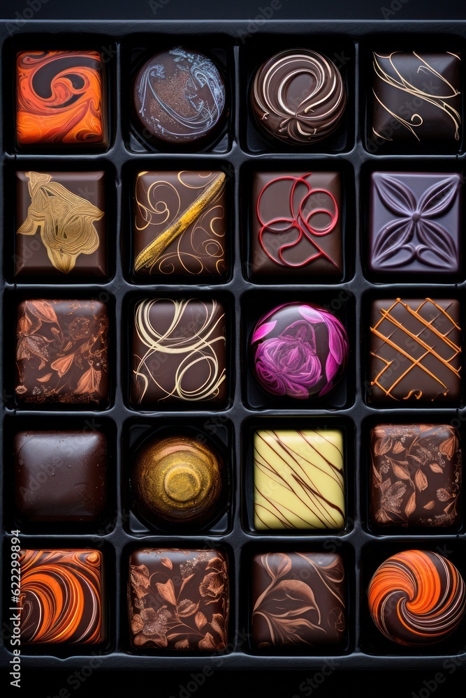 Chocolate boxes in colorful designs with many different kinds of dark ...