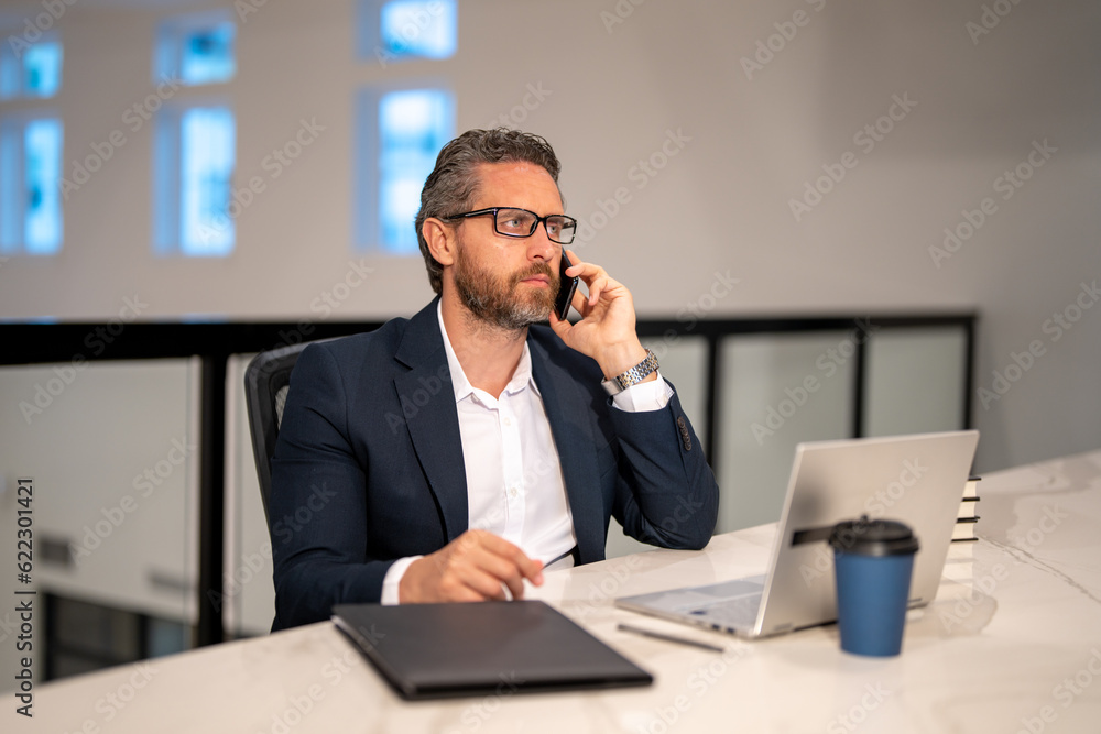Business man talking on phone at office workplace. Gray hair mature ...