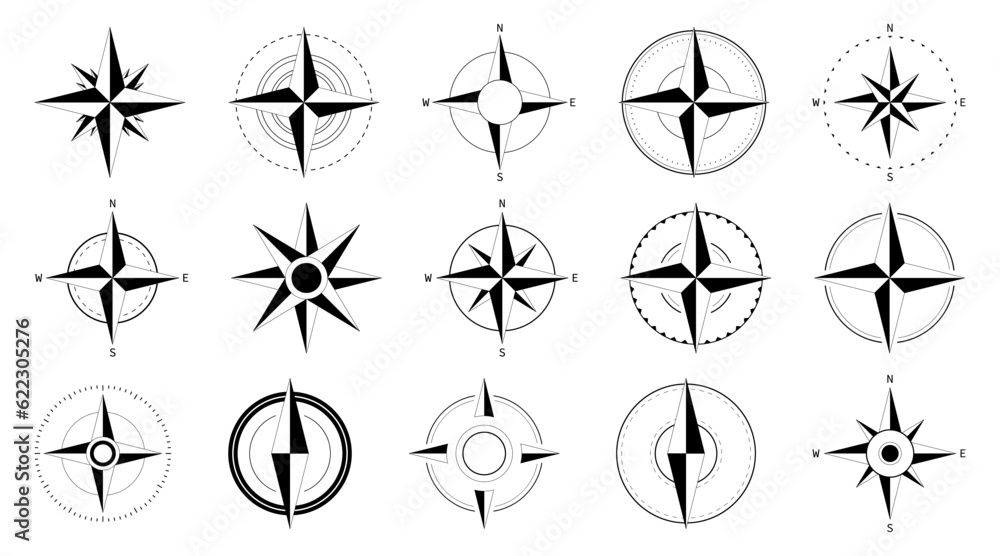 Compass icon collection. Set of compass wind rose icons. Vector compass ...