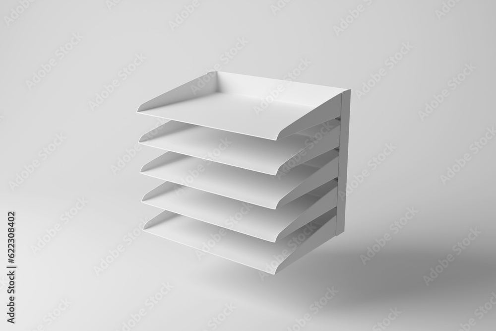 White letter rack floating in mid air on white background in monochrome ...