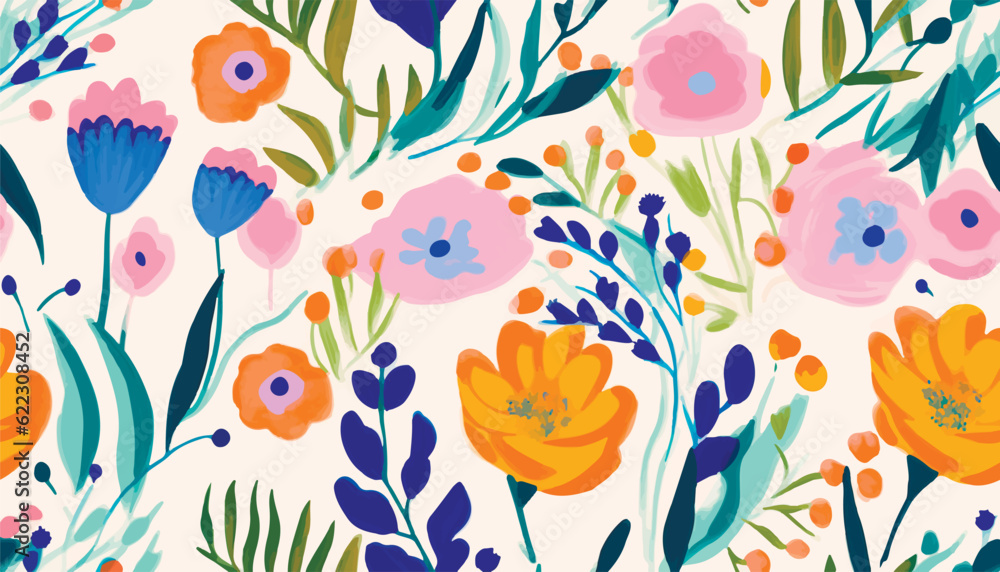 Hand drawn colorful naive abstract floral print. Cute collage pattern ...