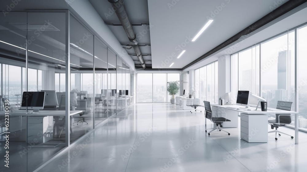 Daytime office space with row of working office table and work station ...