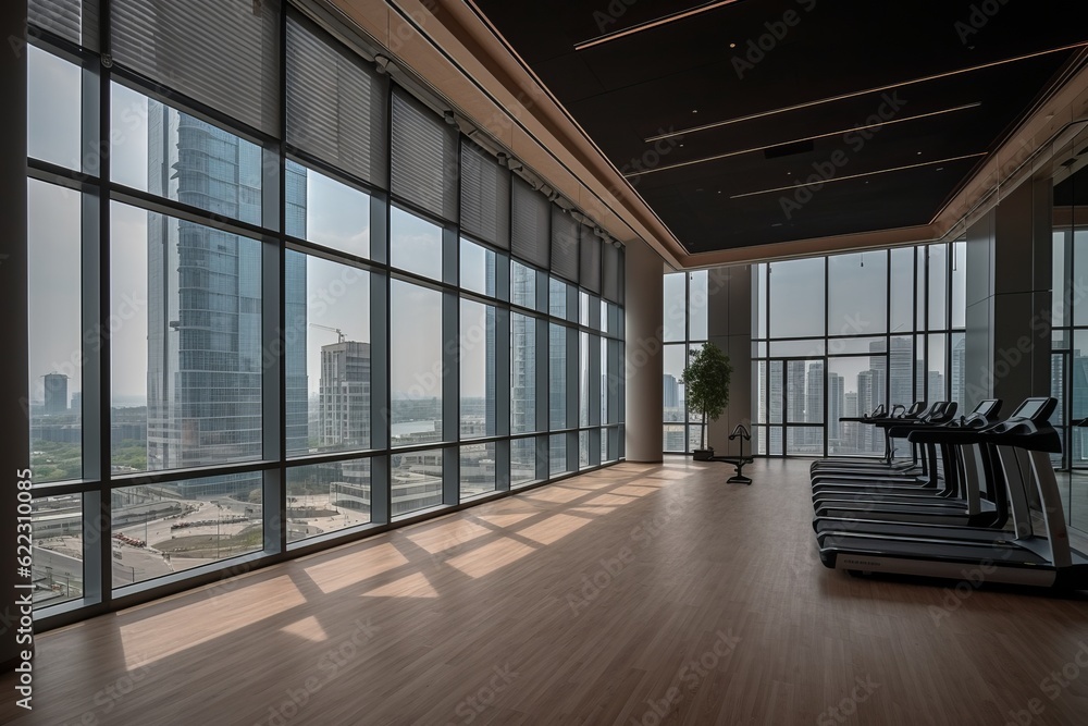 Fitness center gym interior design with daylight big window center city ...