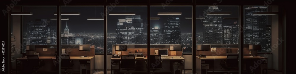 night time office space with row of working office table and work ...