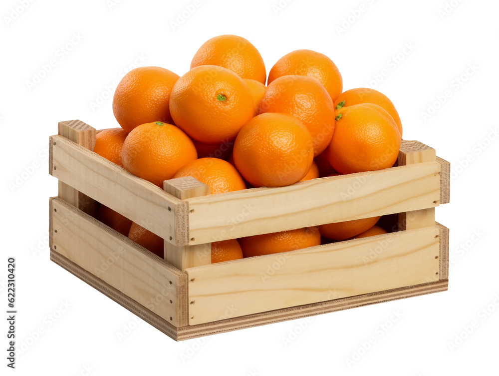 Mandarins in wooden box isolated on transparent or white background ...