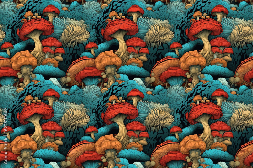 Repetitive mushroom pattern tile, blue and red toadstools. Detailed ...