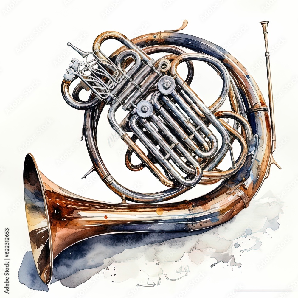 French horn clip art, French horn watercolor painting, watercolor ...