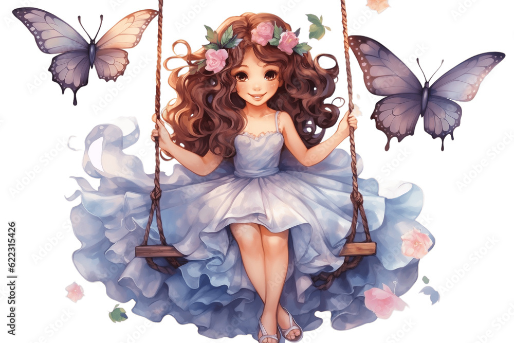 Cute Little Princess Swing with Butterflies Watercolor on Transparent ...