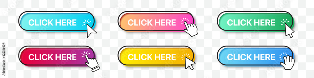 Click here buttons collection with arrow and hand cursor pointer ...