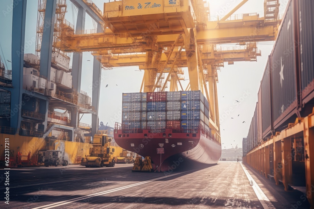 Port cargo terminal, transport hub. Huge industrial cranes loading ...