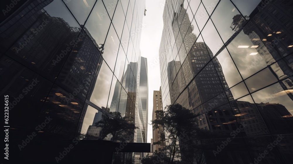 worm eye view perspective of modern design office building with ...