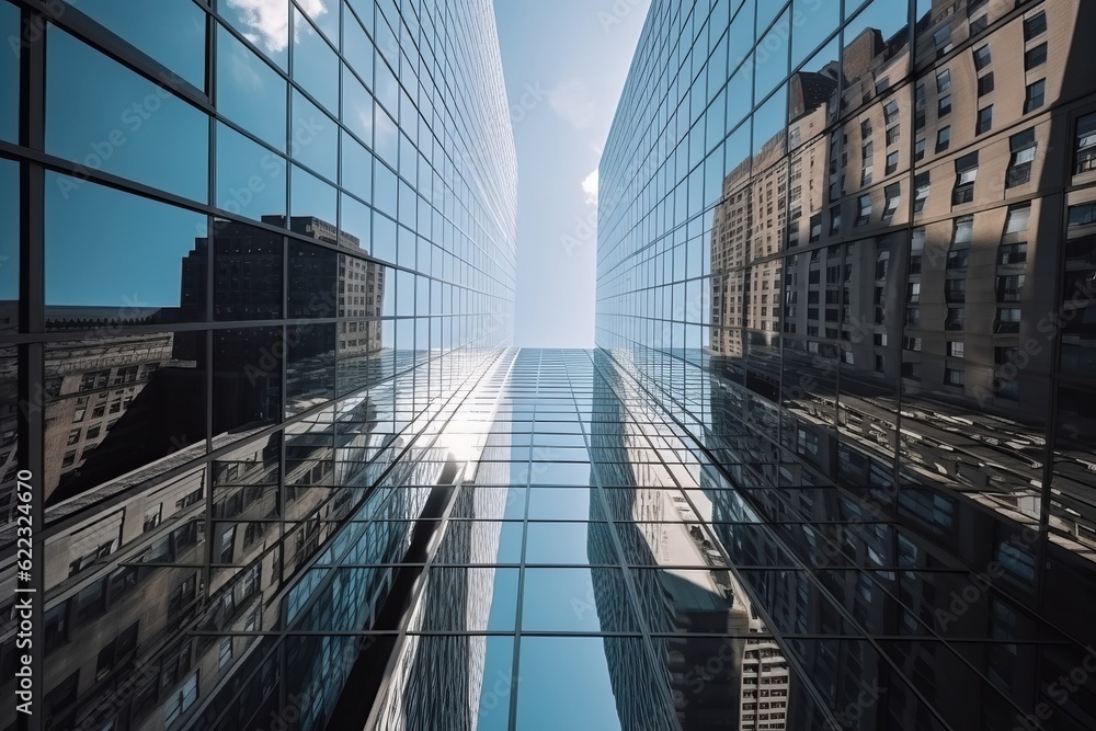 worm eye view perspective of modern design office building with ...