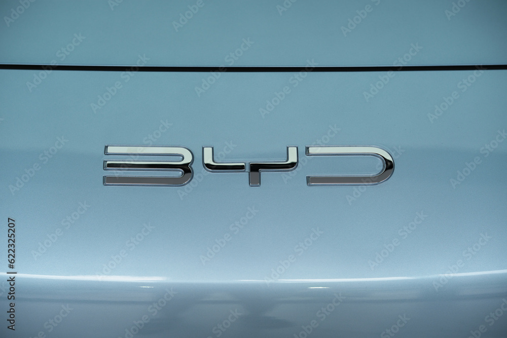 Shanghai,China-July 9th 2023: BYD car logo. Chinese electric car ...