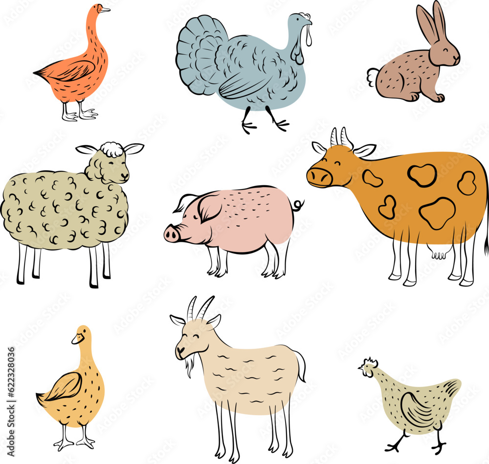 Set of hand-drawn animals. Colorful isolated domestic doodle farm ...