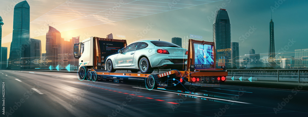 generic unidentifiable car loaded on a towing or recovery breakdown ...