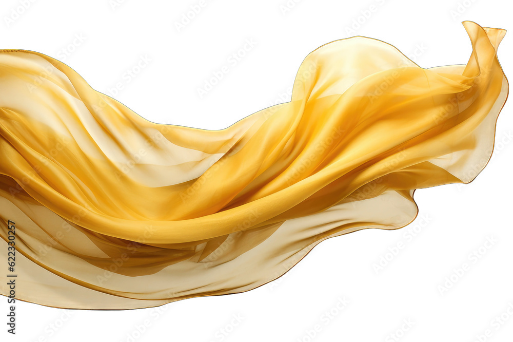 Silk scarf flying in the wind. Waving yellow satin cloth isolated on ...