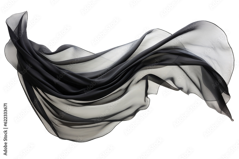 Silk scarf flying in the wind. Waving black satin cloth isolated on ...