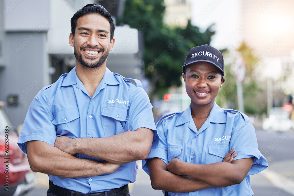 Woman, man and security guard portrait in city, arms crossed and happy ...