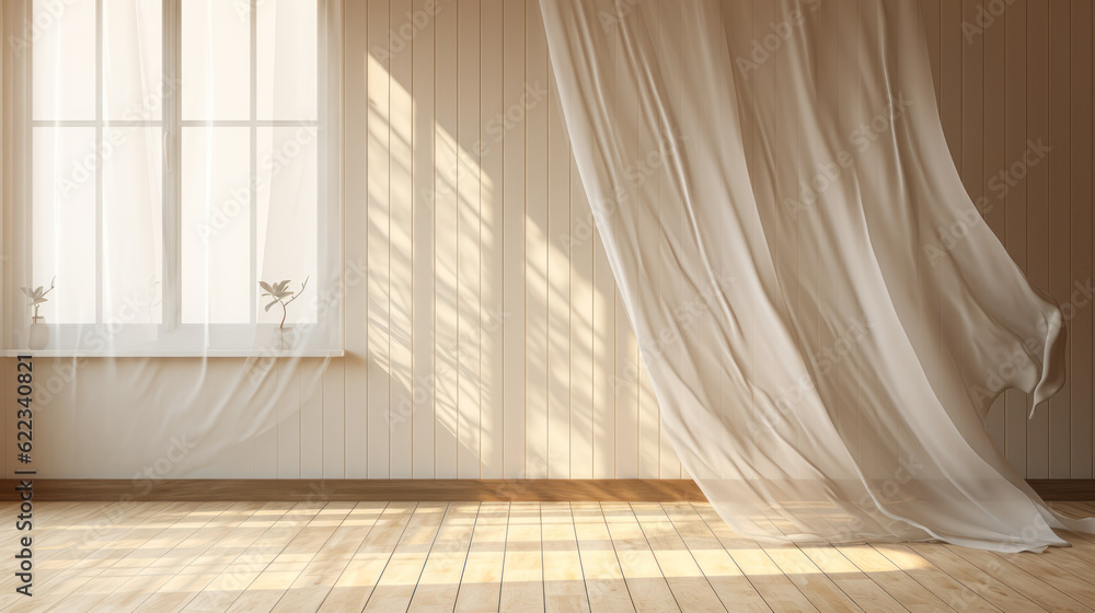 Billowing white sheer curtain, sunlight through window, beige-brown striped wall, parquet floor ...