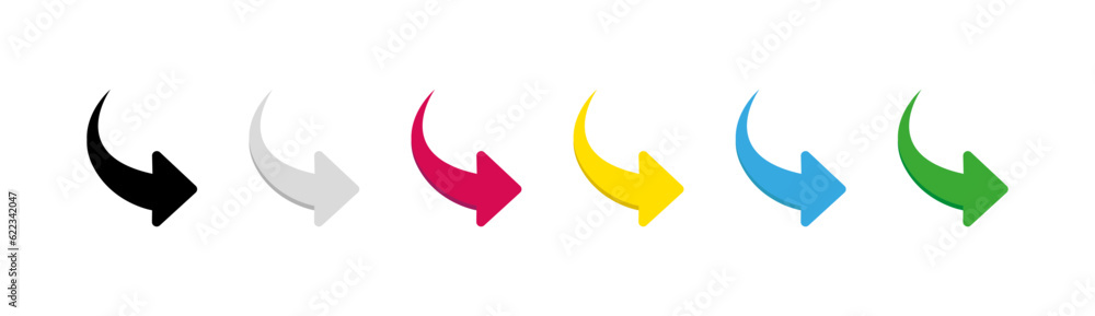 Arrow right icons set. Color arrow symbols. Collection curved arrows ...