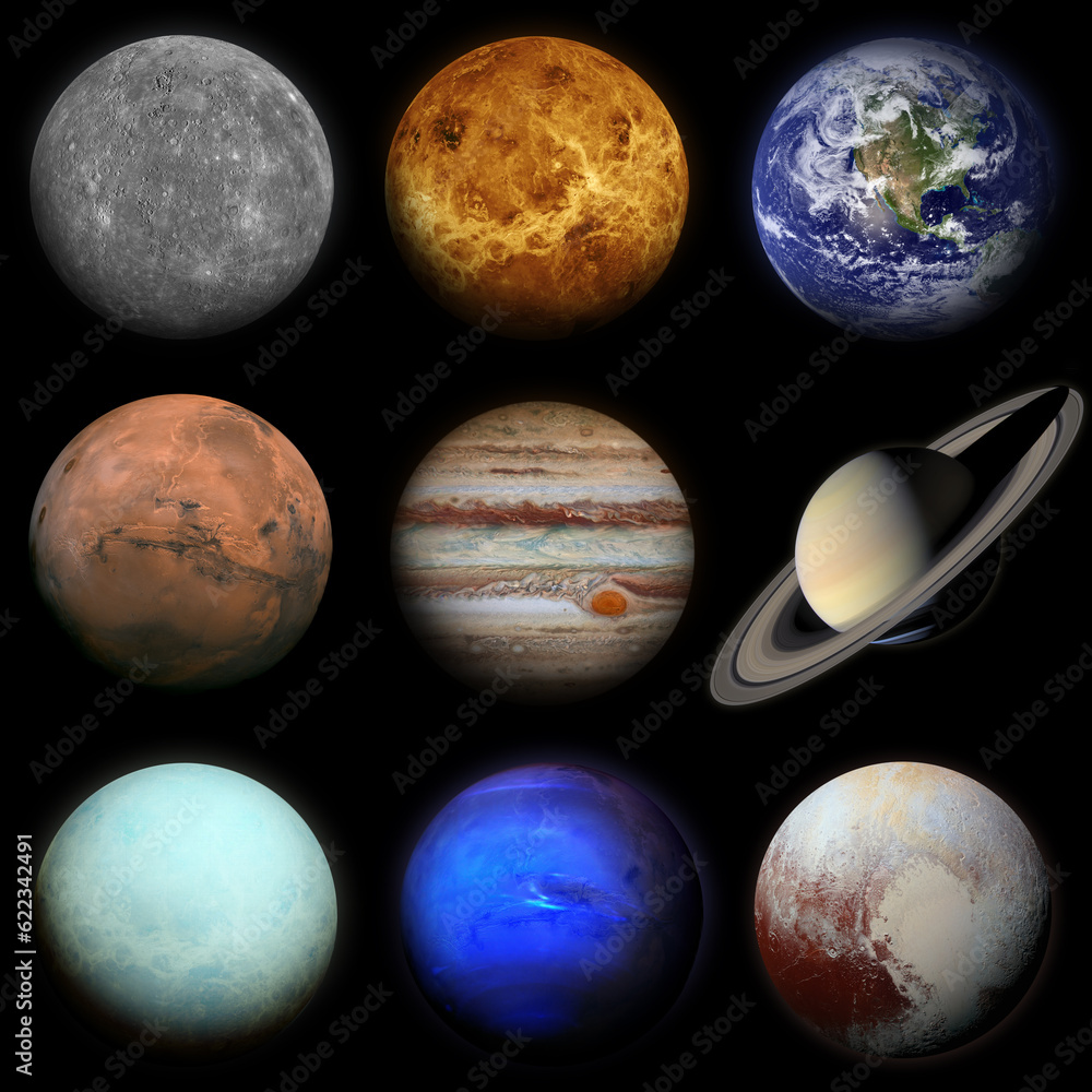 Solar system. Planets on black background. Sun, Mercury, Venus, Earth ...