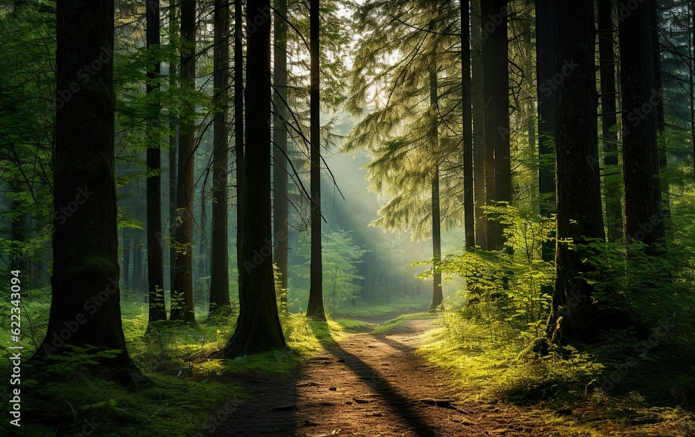 Vibrant forest, showcasing the lush foliage and towering trees ...