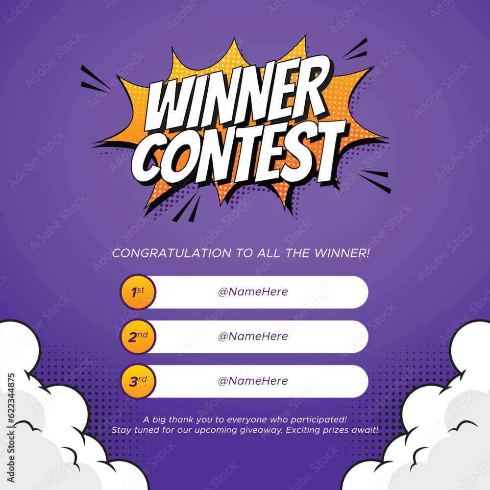 Winner contest announcement for social media post, marketing program or ...