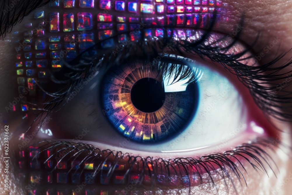 Illustration of a close-up view of a person's colourful eye with ...