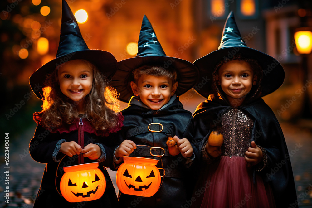 Three kids playing trick-or -treat on Halloween night | Uwalls.co.uk