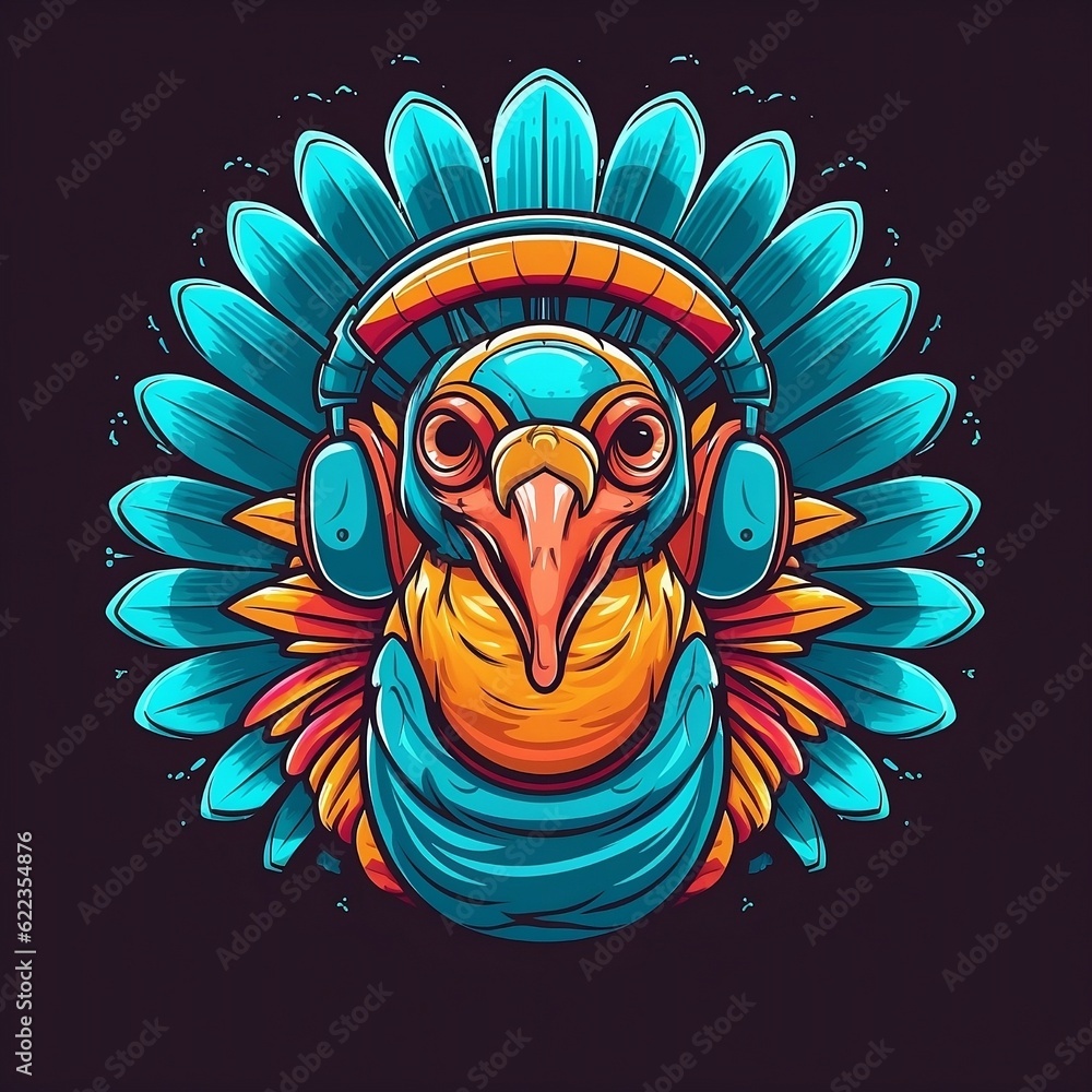 Funky cartoon turkey with headphones listening to music with vintage ...