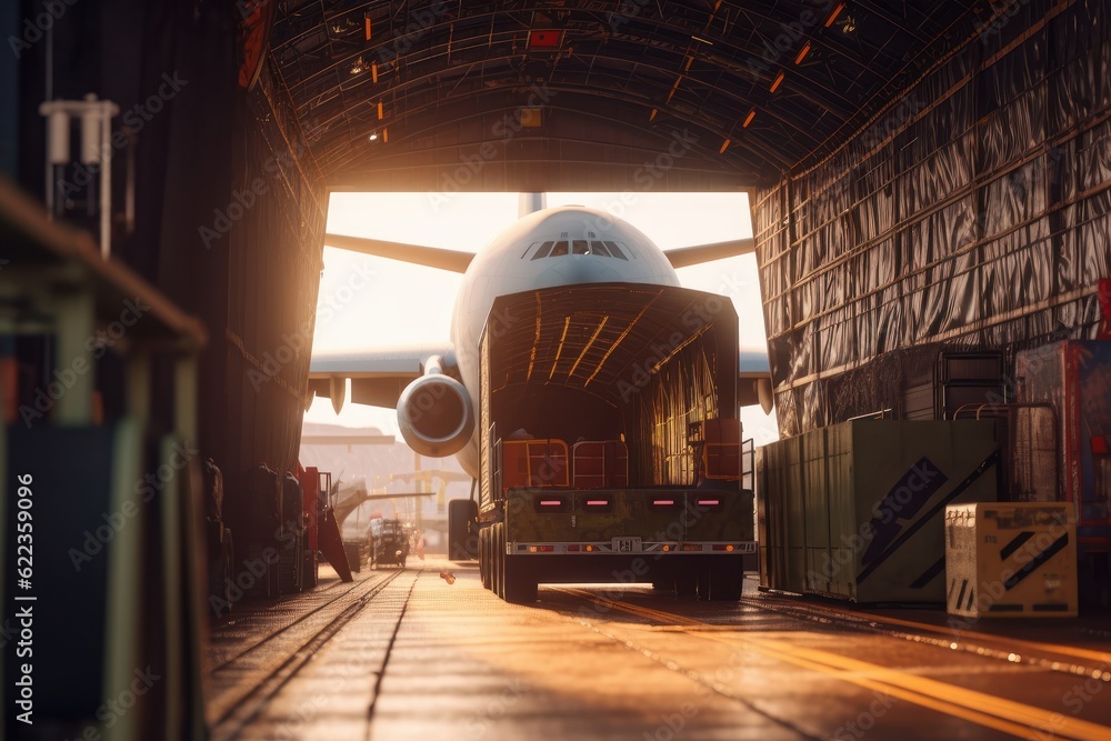Transport aircraft in the airport cargo terminal. Large bales on ...