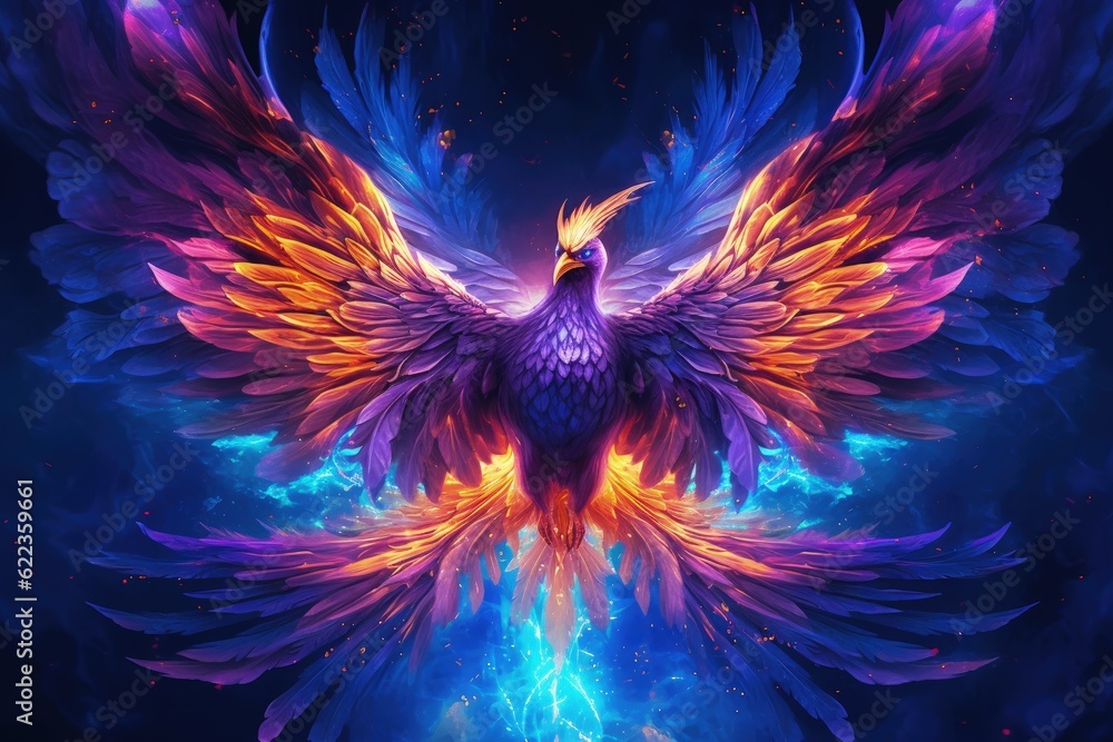 digital painting of phoenix in the blue purple flames, reborn and more ...