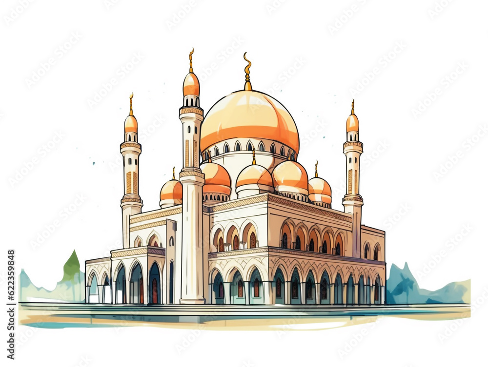 Drawing of a mosque using medium ink and watercolor isolated on white ...
