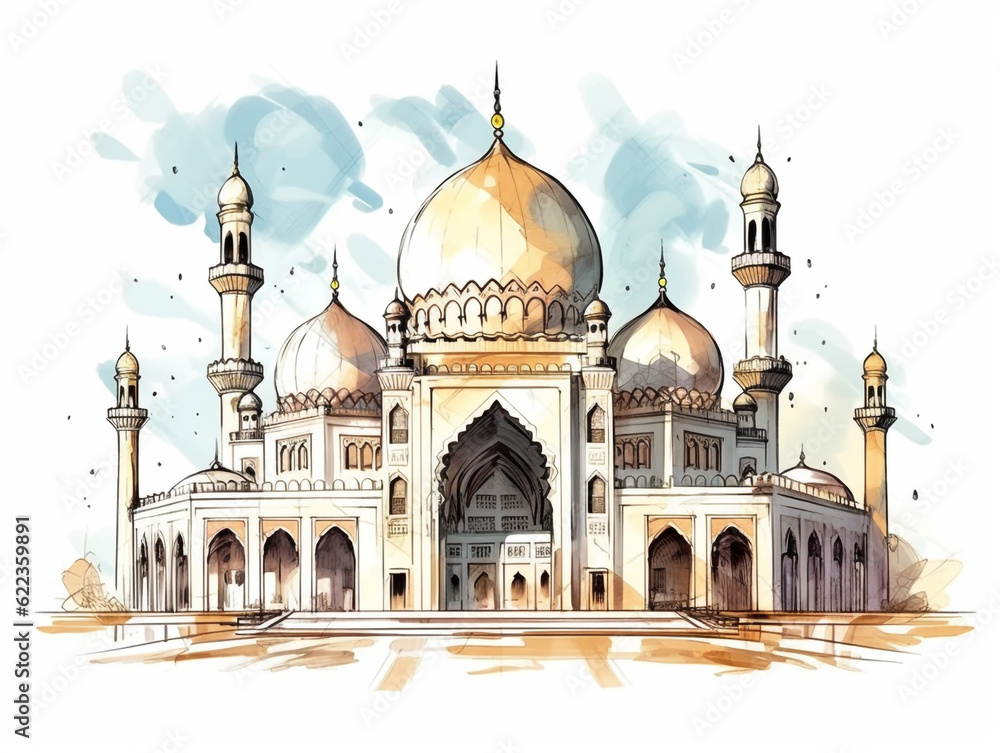 Drawing of a mosque using medium ink and watercolor isolated on white ...