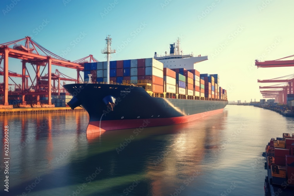 Container ship enters the water area of a giant seaport cargo terminal ...
