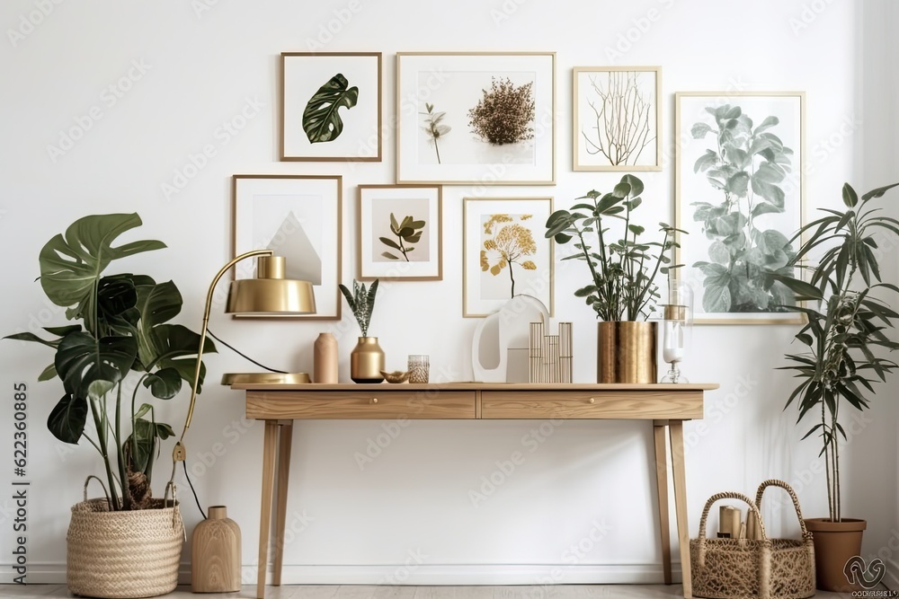 Beautiful plants in various pots are shown in a stylish Scandinavian ...