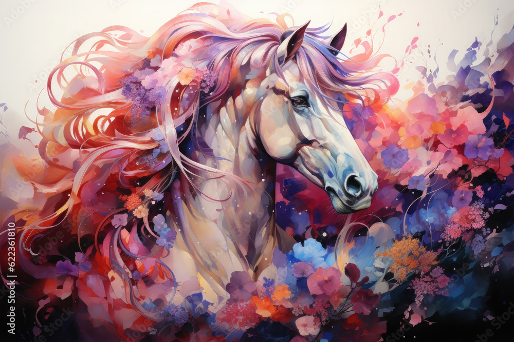 A mystical floral horse standing amidst a dense, enchanted forest, its ...