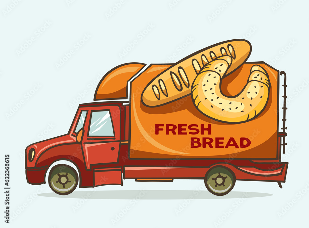 Vector illustration of cartoon truck - delivery bread and baguettes ...