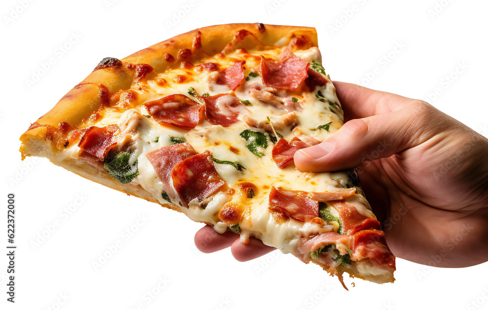 Slice of Italian pizza in hand. The man holds a piece of pizza in his ...