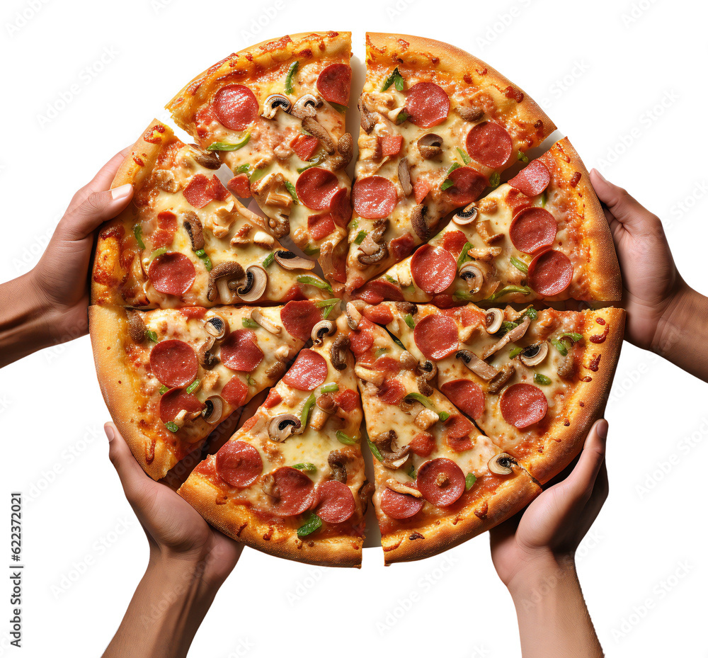 Sliced Italian pizza. Hands take pieces of pizza. People reach out with ...