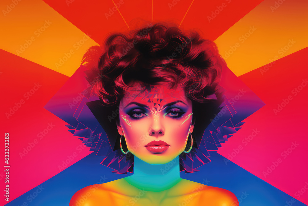 1980s pop art illustration of a female singer on a fictional colorful ...