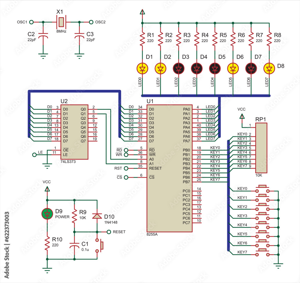Vector electrical schematic diagram of a digital electronic device with ...
