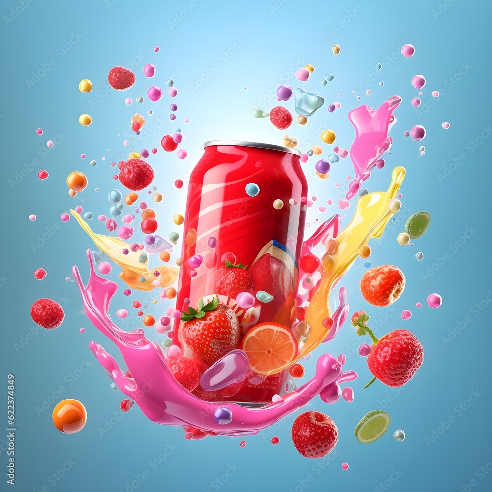 **3d illustration of strawberry soda can with Runts candy. Red Soda ...