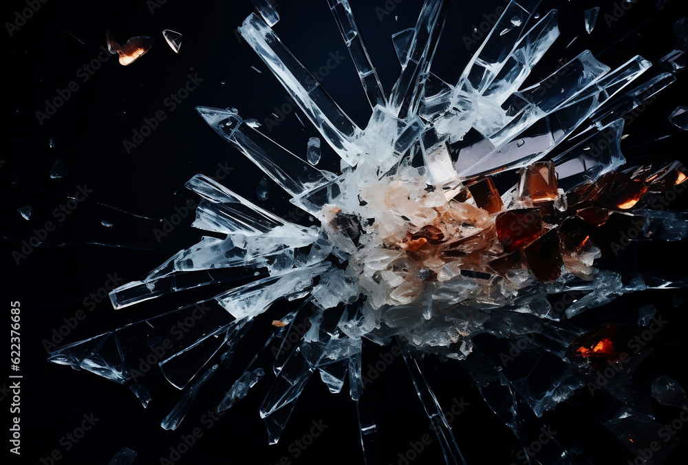 cracked glass object on black background, smashed glass texture, shards ...