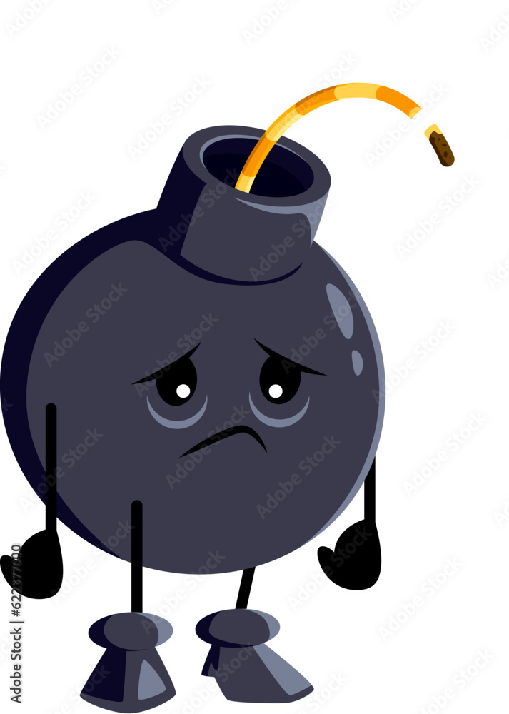 Cartoon sad bomb character, explosive weapon personage with ...