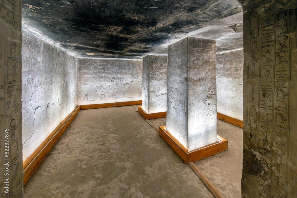 Interior view of an unadorned and unpainted chamber inside the ancient ...