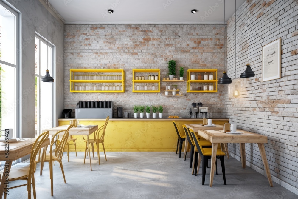 Cafe store layout minimal loft, concrete counters white wall with shelf ...