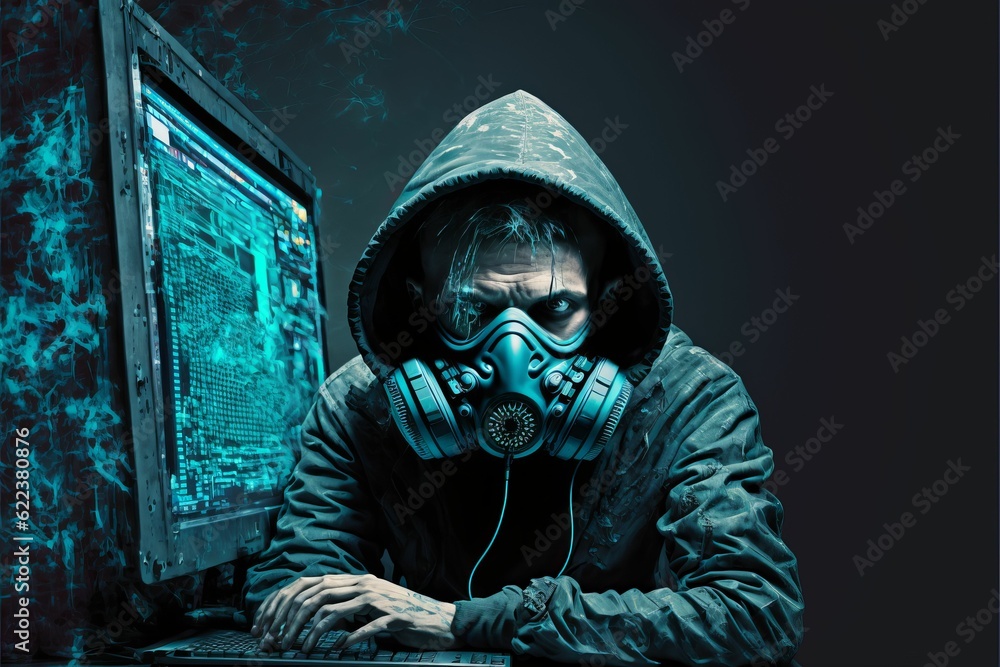 AI generated illustration of a scary hooded hacker male with a gas mask ...