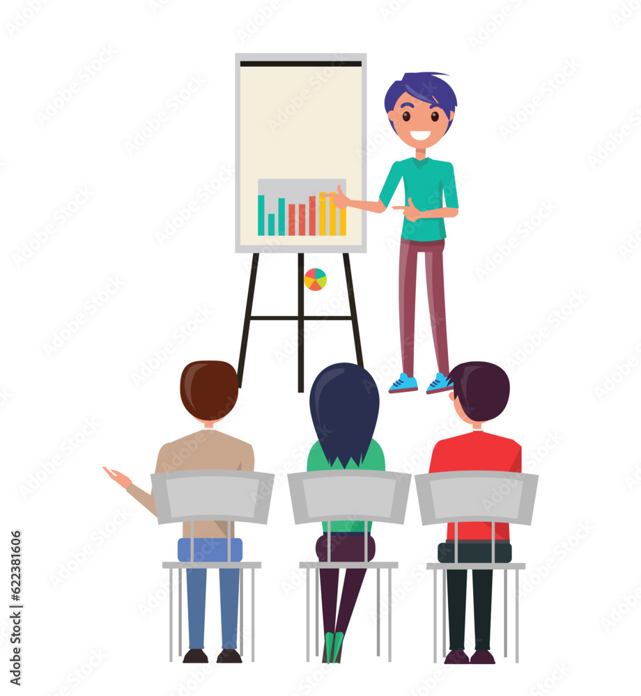 Business course, male teacher presenting graphs and charts to students ...